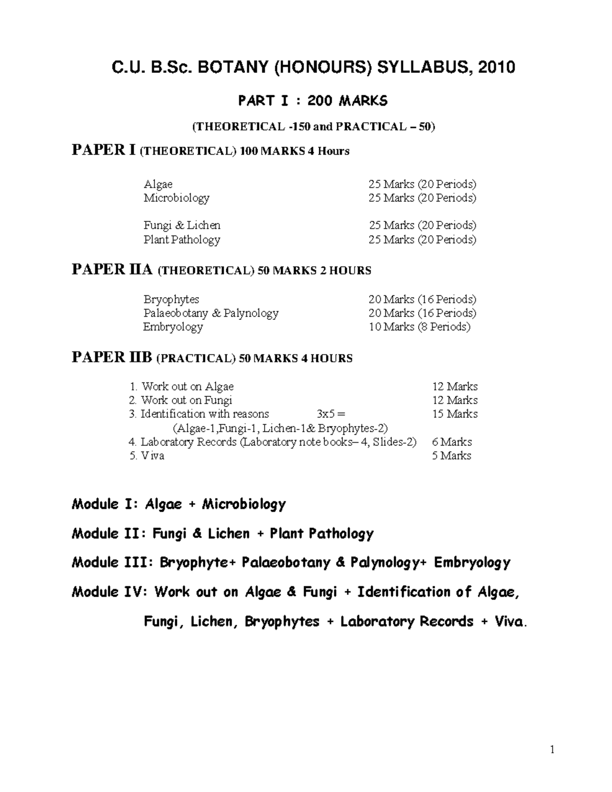 Botany - C. B. BOTANY (HONOURS) SYLLABUS, 2010 PART I : 200 MARKS ...
