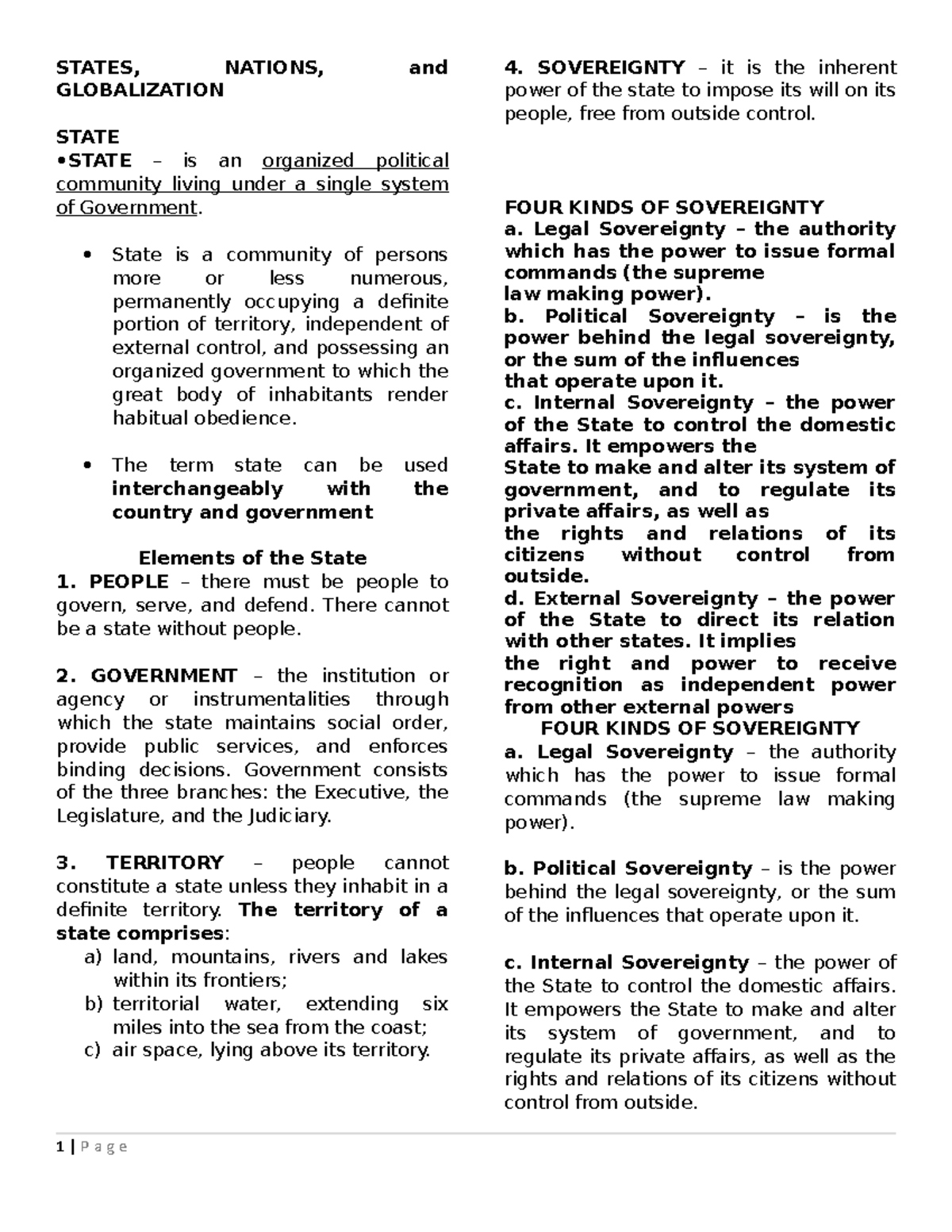 States - Politics - STATES, NATIONS, and GLOBALIZATION STATE •STATE ...