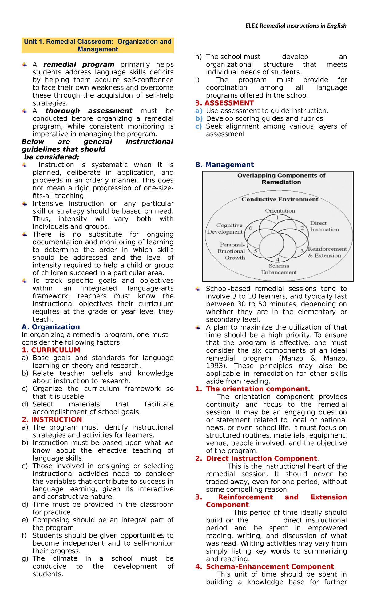 Remedial Instruction in English Outline - Unit 1. Remedial Classroom: Organization and ...