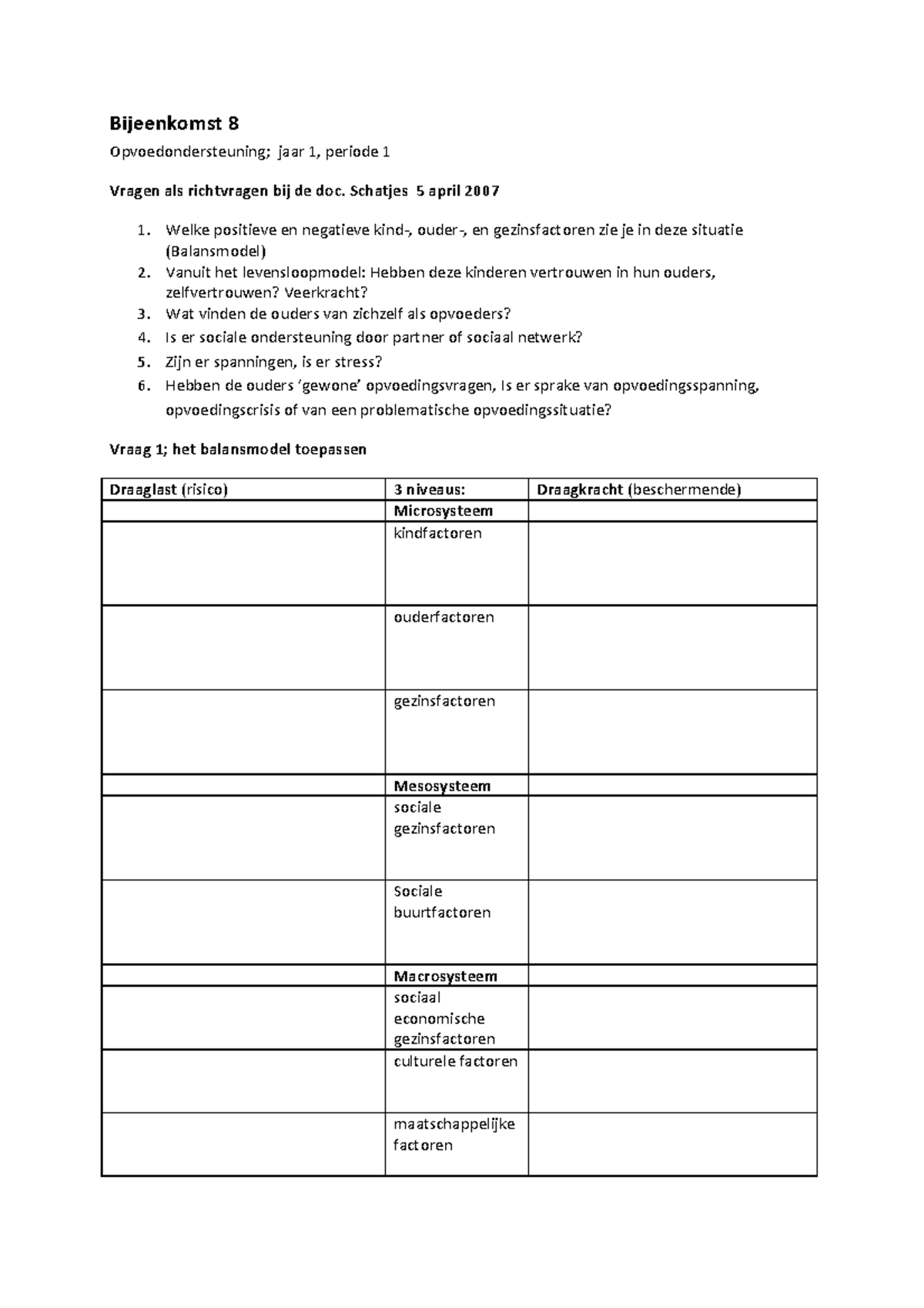 Balansmodel - Bijeenkomst 8 Opvoedondersteuning; jaar 1, periode 1 ...