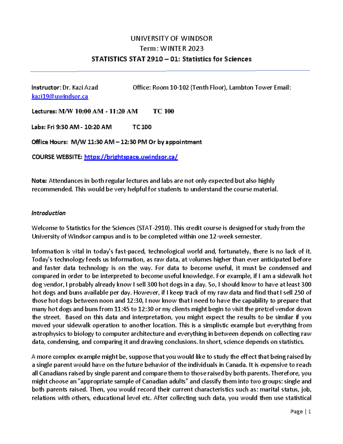 Course Outline Stat 2910 01 W 23 - UNIVERSITY OF WINDSOR Term: WINTER ...