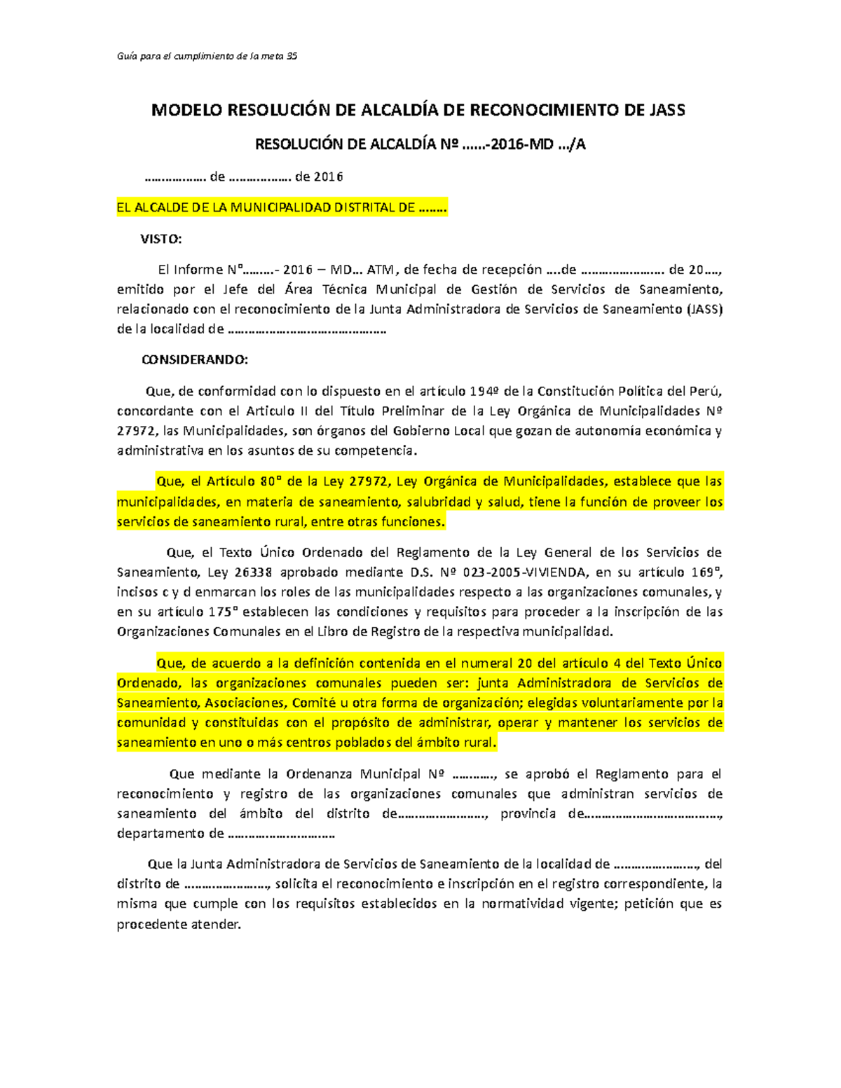 Modelo Resolución DE Alcaldía DE Reconocimiento DE JASS - Guía para el cumplimiento de la meta ...