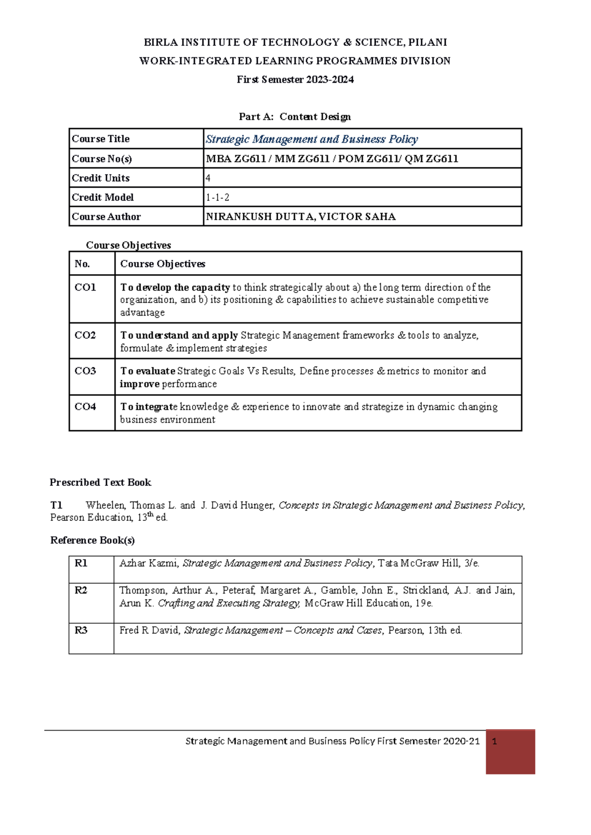 MBA ZG611 Course Handout - BIRLA INSTITUTE OF TECHNOLOGY & SCIENCE, PILANI WORK-INTEGRATED - Studocu