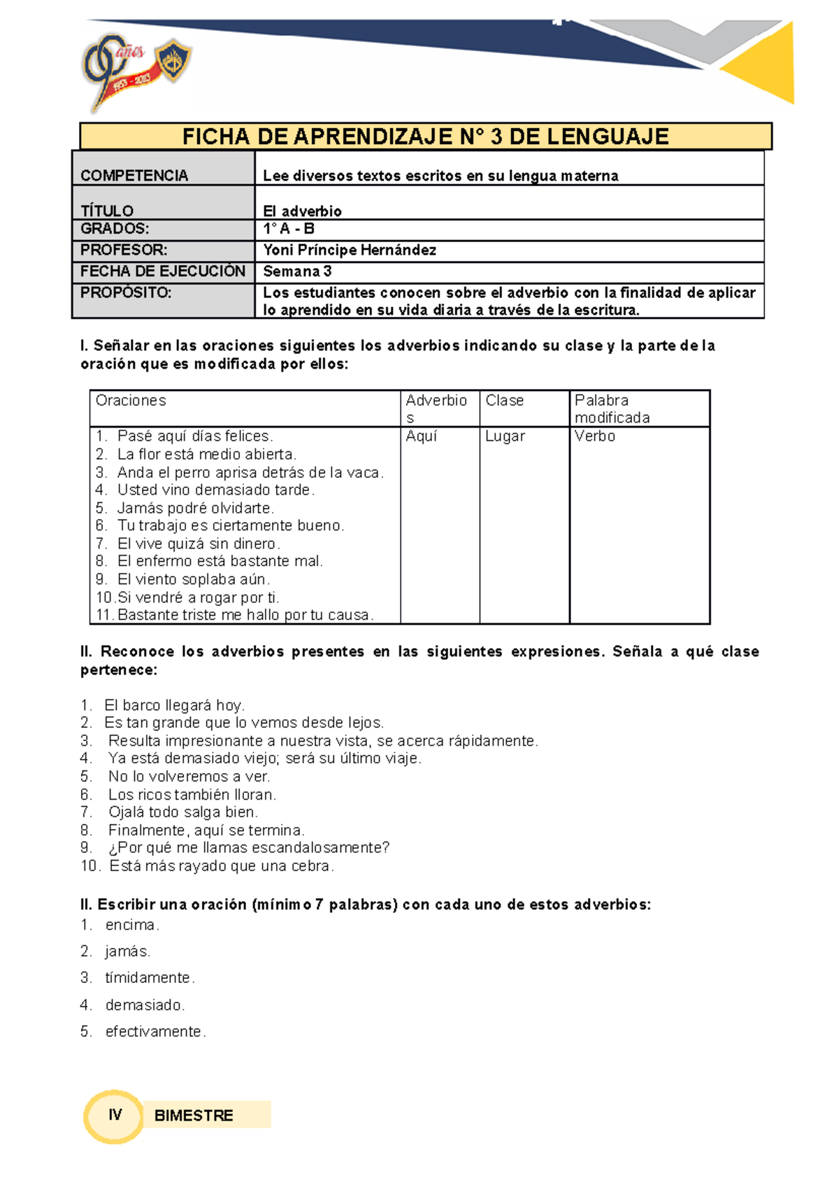 SEM3 - 1RO SEC - EL Adverbio - FICHA DE APRENDIZAJE N° 3 DE LENGUAJE ...