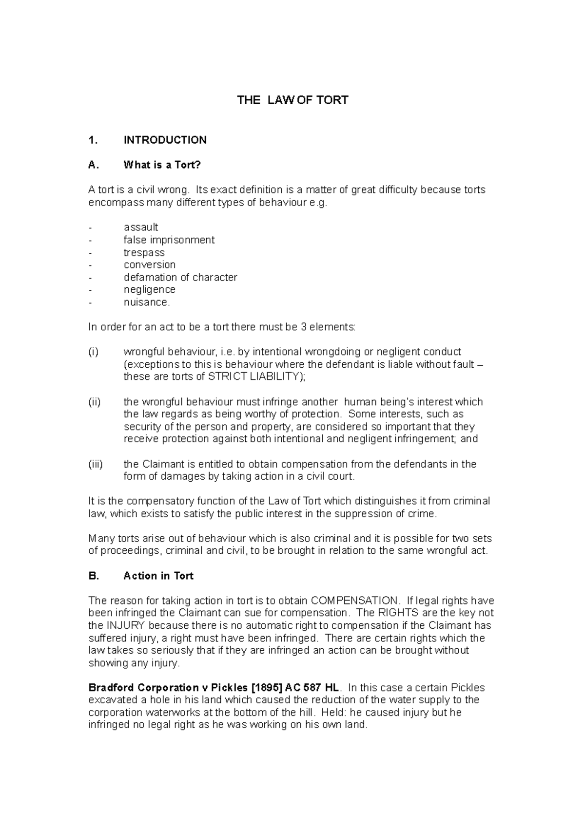 Torts - Nature and history of tort - THE LAW OF TORT 1. INTRODUCTION A ...