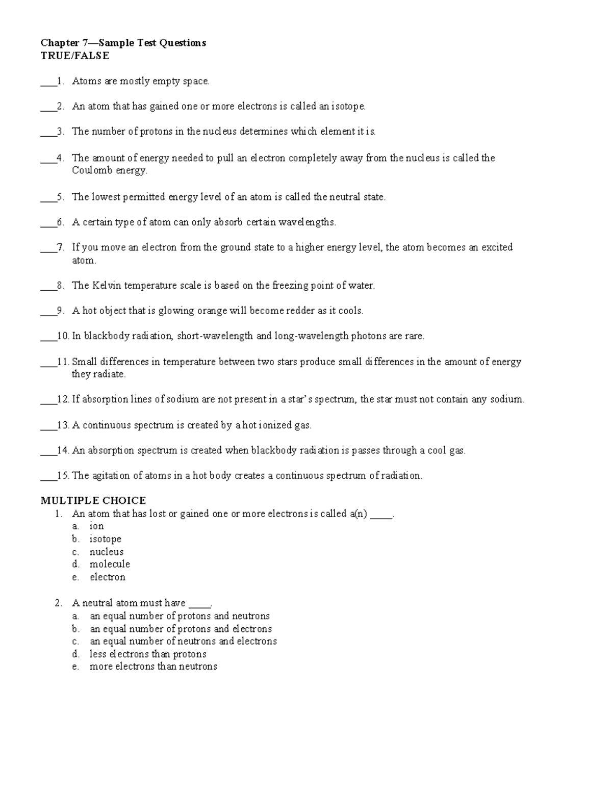 Chapter 7 – Atoms and Spectra - Sample Test Questions - Chapter 7 ...