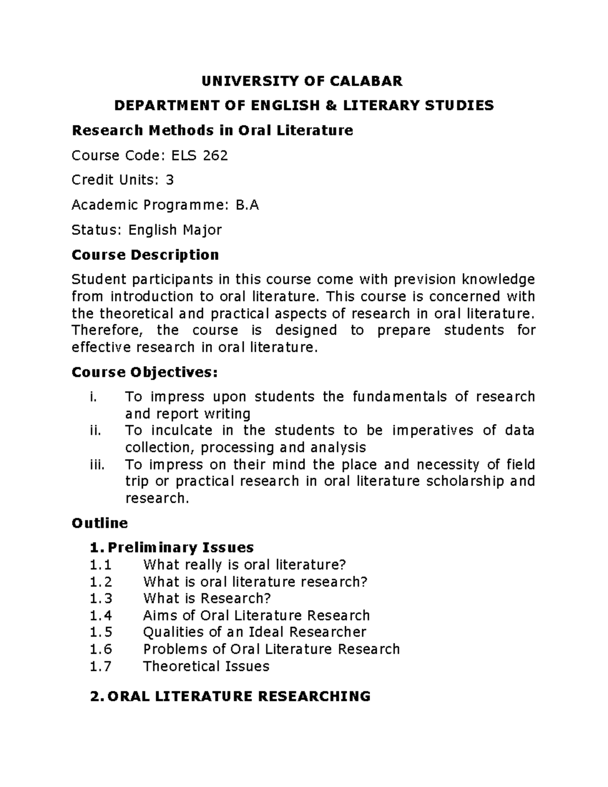 Research Method outline - UNIVERSITY OF CALABAR DEPARTMENT OF ENGLISH ...