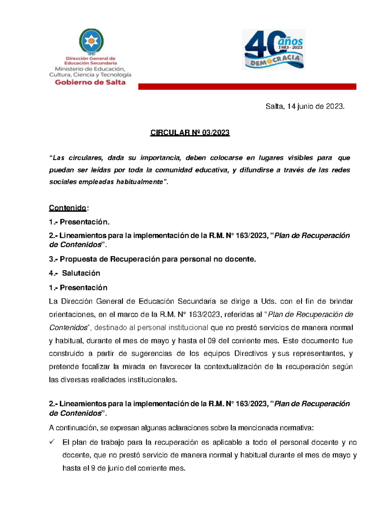 Circular 3 - DGESec 2023 - Salta, 14 junio de 2023. CIRCULAR Nº 03 ...