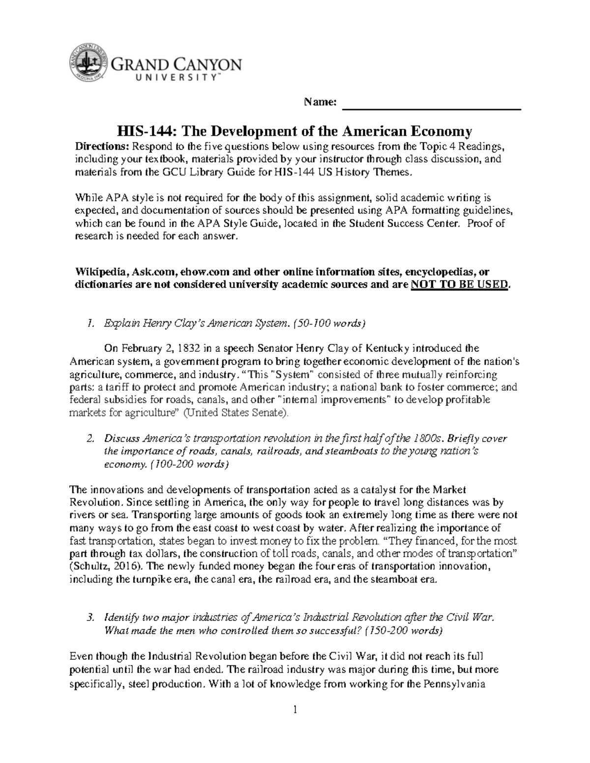 Development of the American Economy - 1 Name: HIS-144: The Development ...