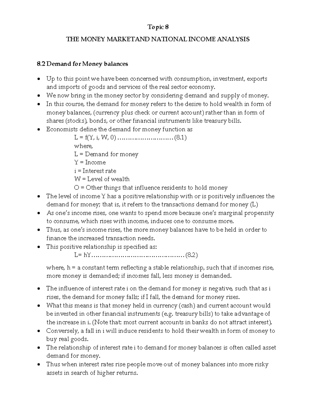 Topic 8 eco 3204 - Topic 8 THE MONEY MARKETAND NATIONAL INCOME ANALYSIS ...