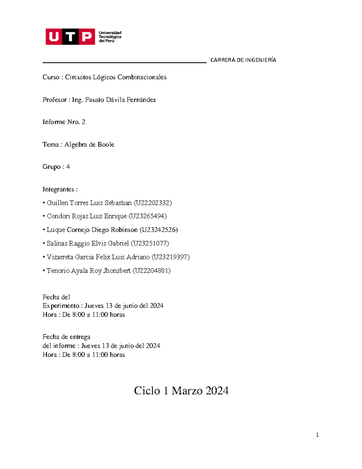 Informe de laboratorio N2 - Curso : Circuitos Lógicos Combinacionales ...