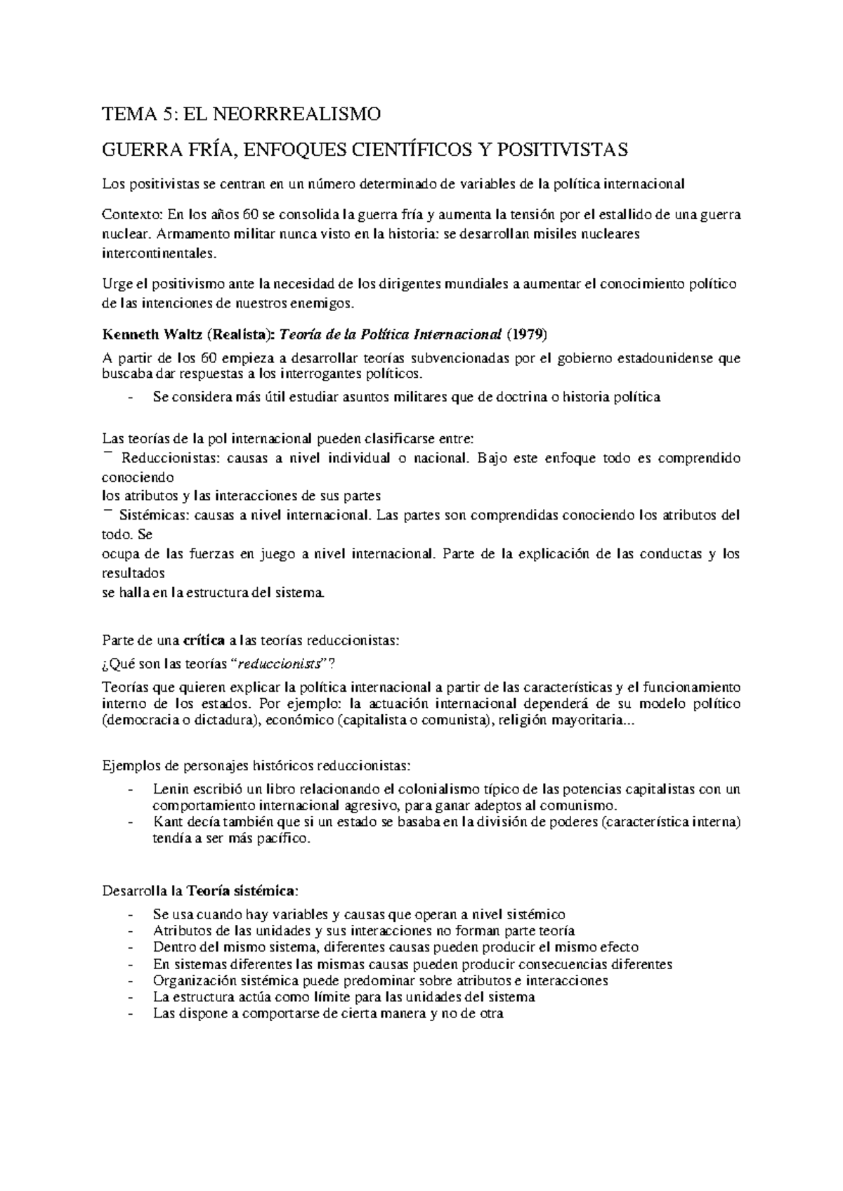 Int.RRII (T5) Enfoques científicos y positivistas - TEMA 5: EL NEORRREALISMO GUERRA FRÍA ...