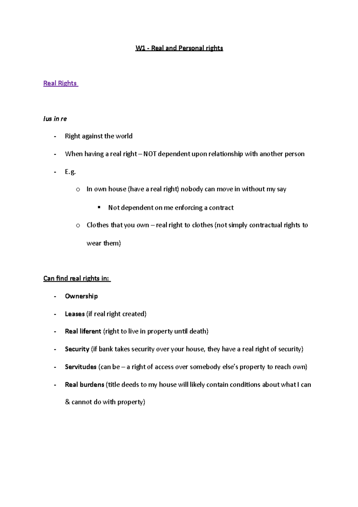 Real rights - W1 - Real and Personal rights Real Rights Ius in re ...