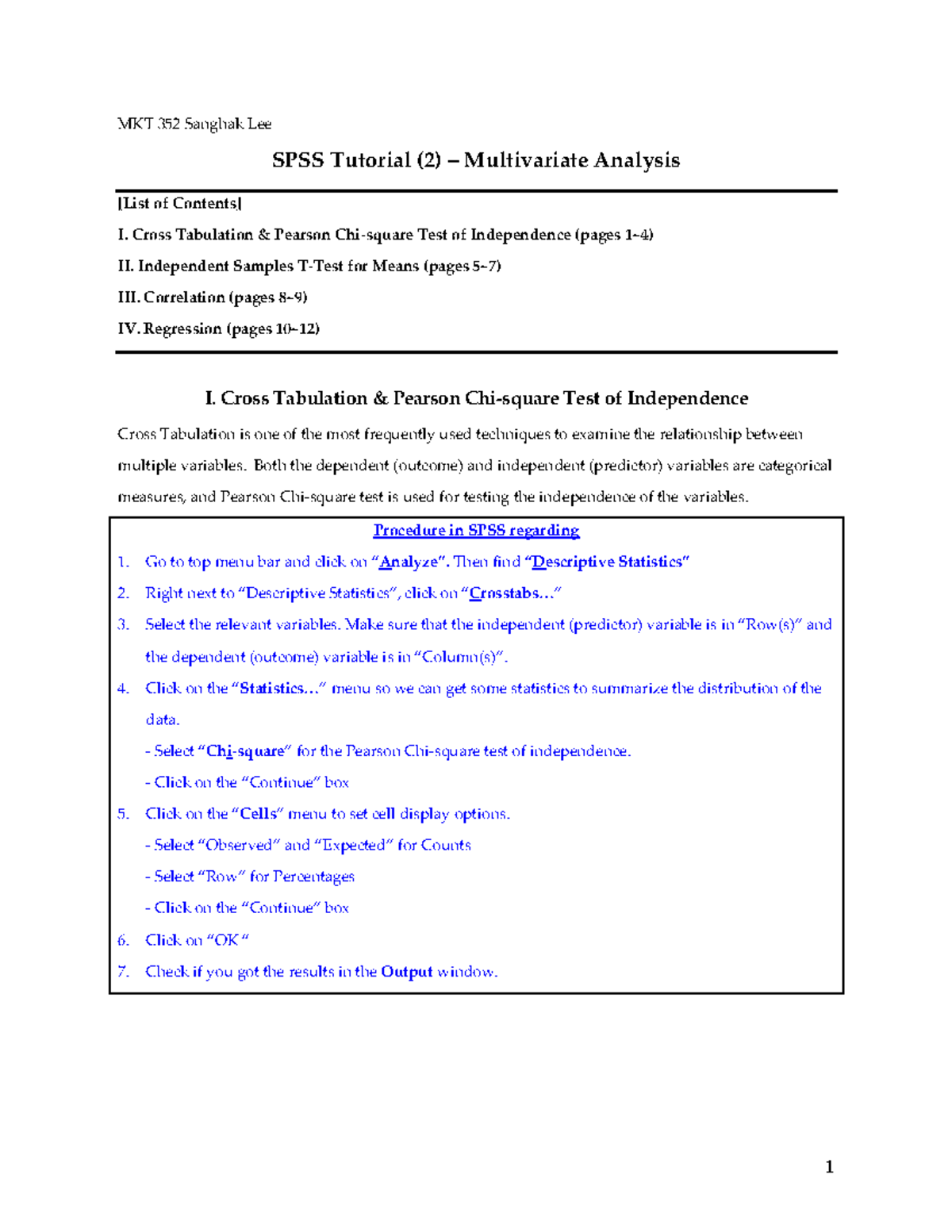 SPSS Tutorial (2) - Multivariate Analysis - MKT 352 Sanghak Lee SPSS ...