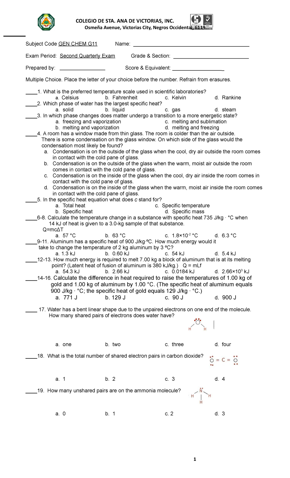 GEN CHEM G11 EXAM - Practice tests for General and Organic Chemistry ...