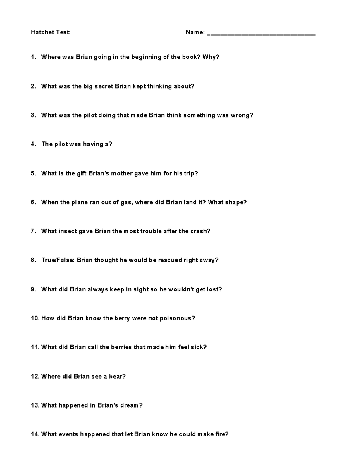 TEST - Hatchet - Hatchet Test: Name ...