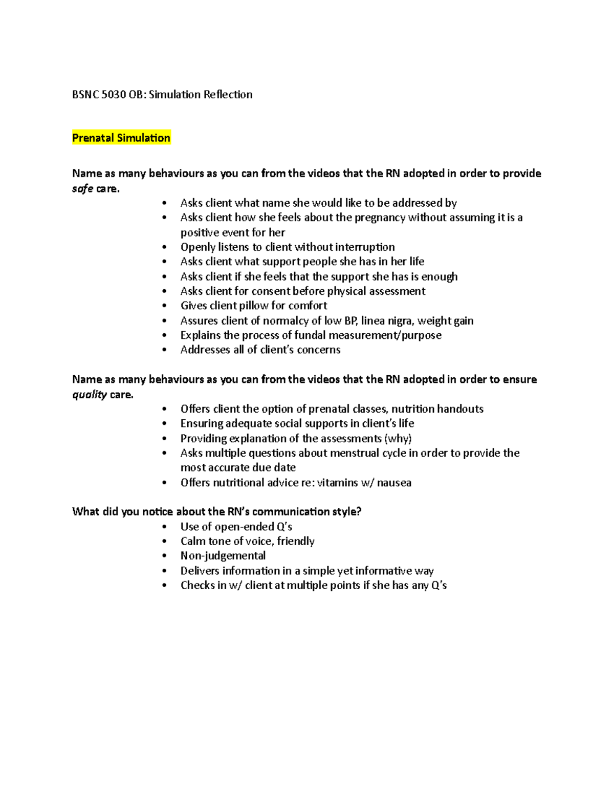 5030 Prenatal:Postpartum SIM Reflection - BSNC 5030 OB: Simulation ...