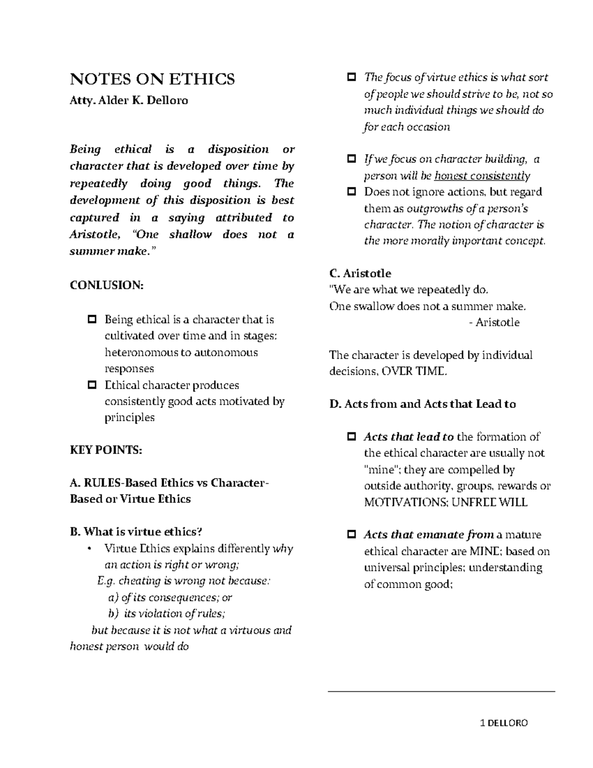 AKD.Ethics Notes.2018 - NOTES ON ETHICS Atty. Alder K. Delloro Being ...