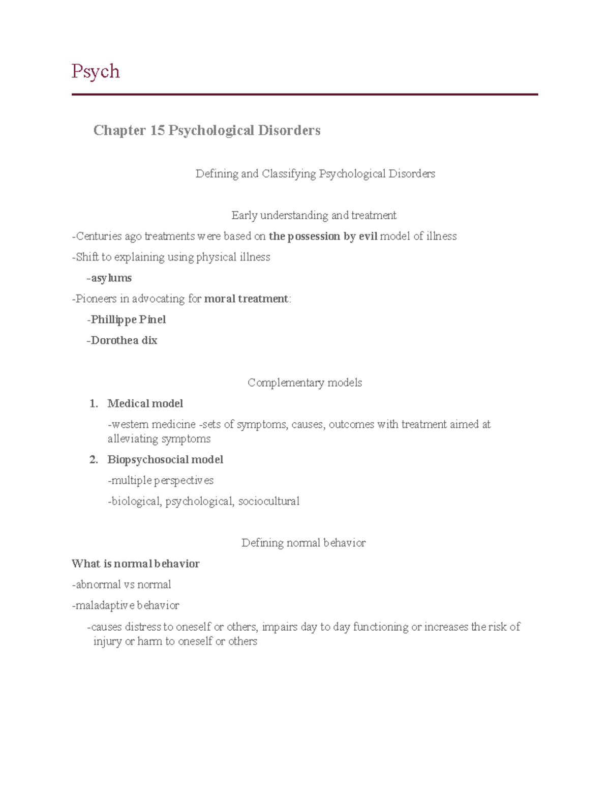 chapter 15 notes - Psych Chapter 15 Psychological Disorders Defining ...