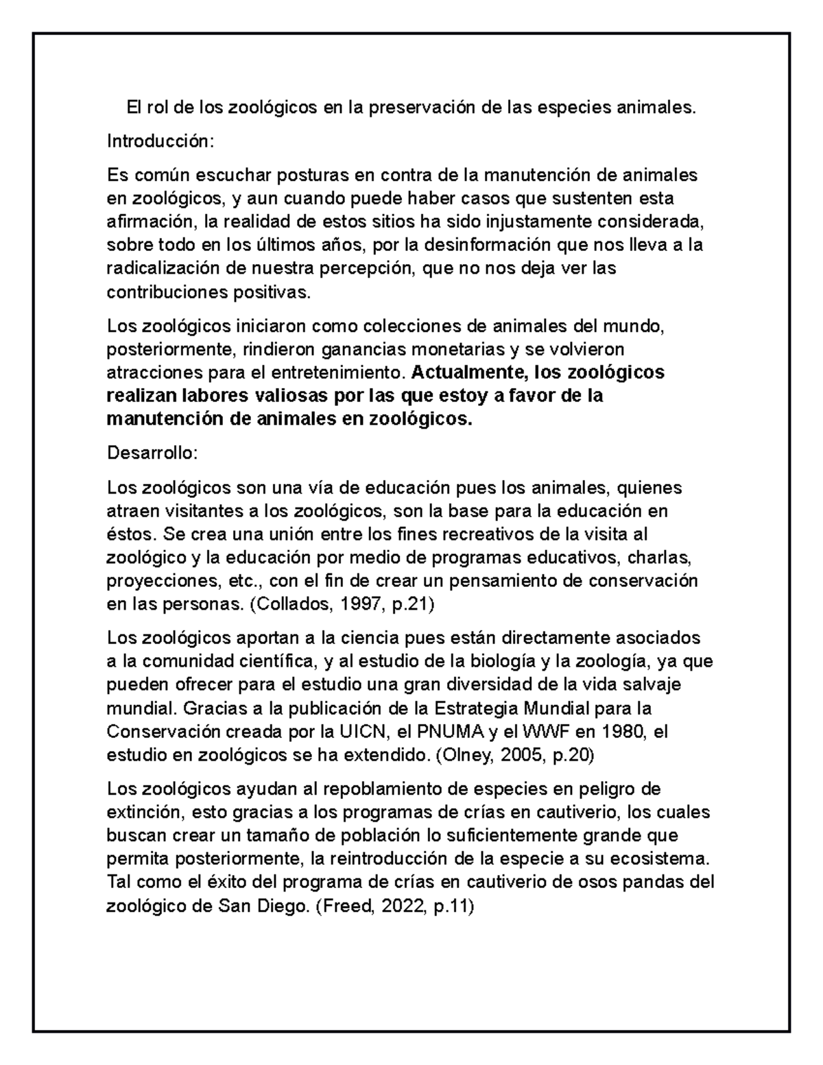 Ensayo academico - El rol de los zoológicos en la preservación de las ...
