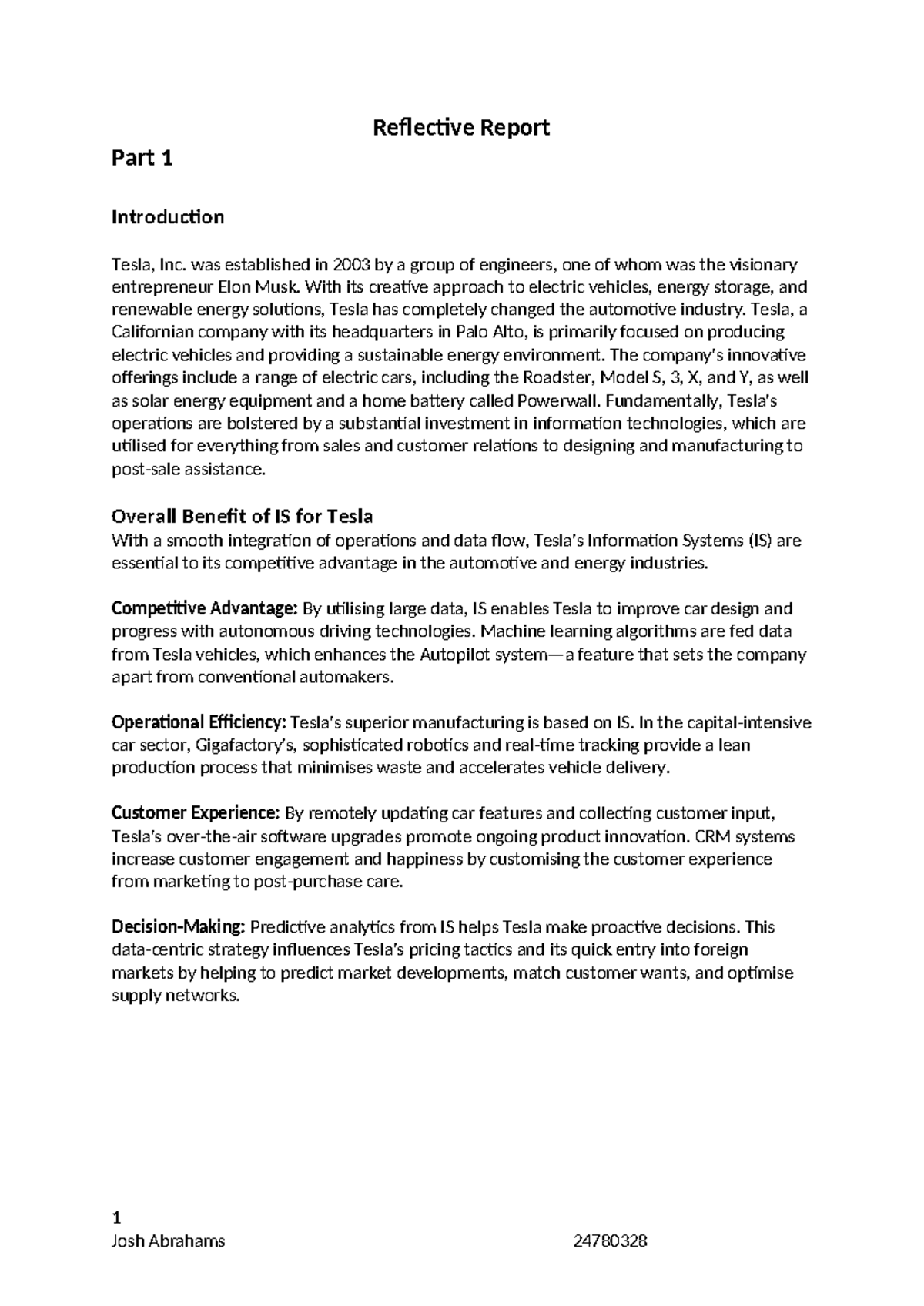 Reflective Report - Reflective Report Part 1 Introduction Tesla, Inc ...