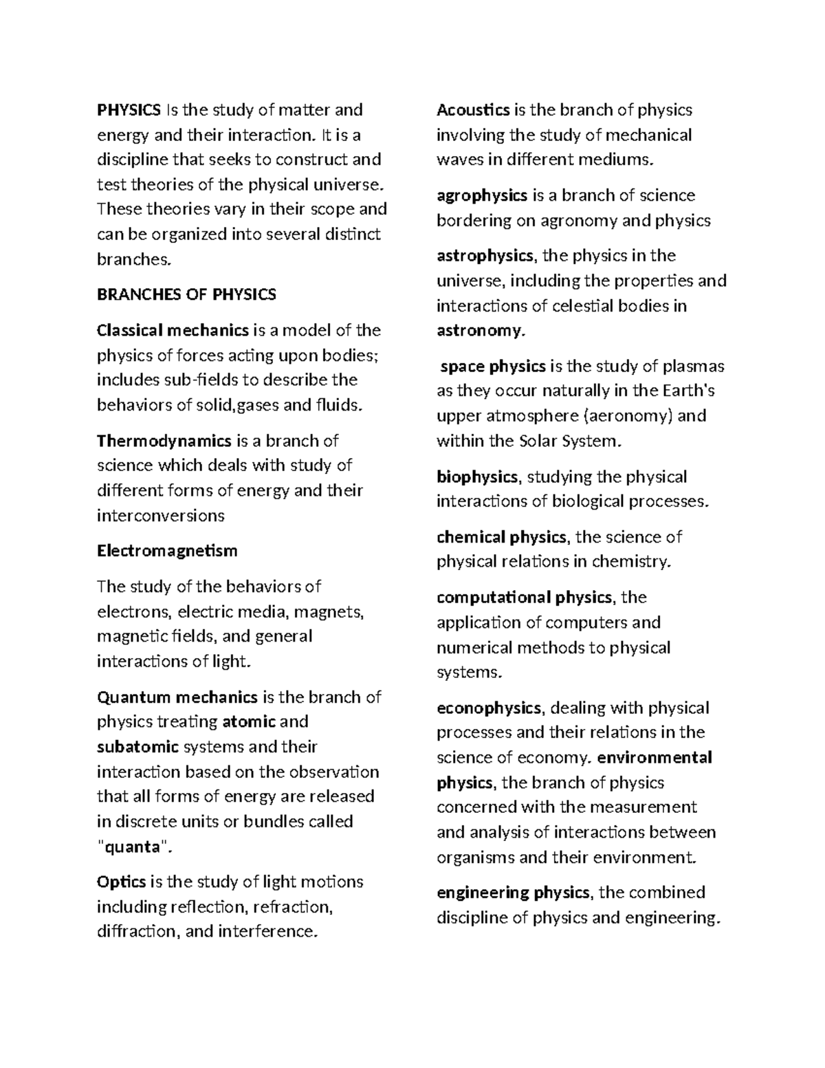 Physics - PHYSICS Is the study of matter and energy and their ...