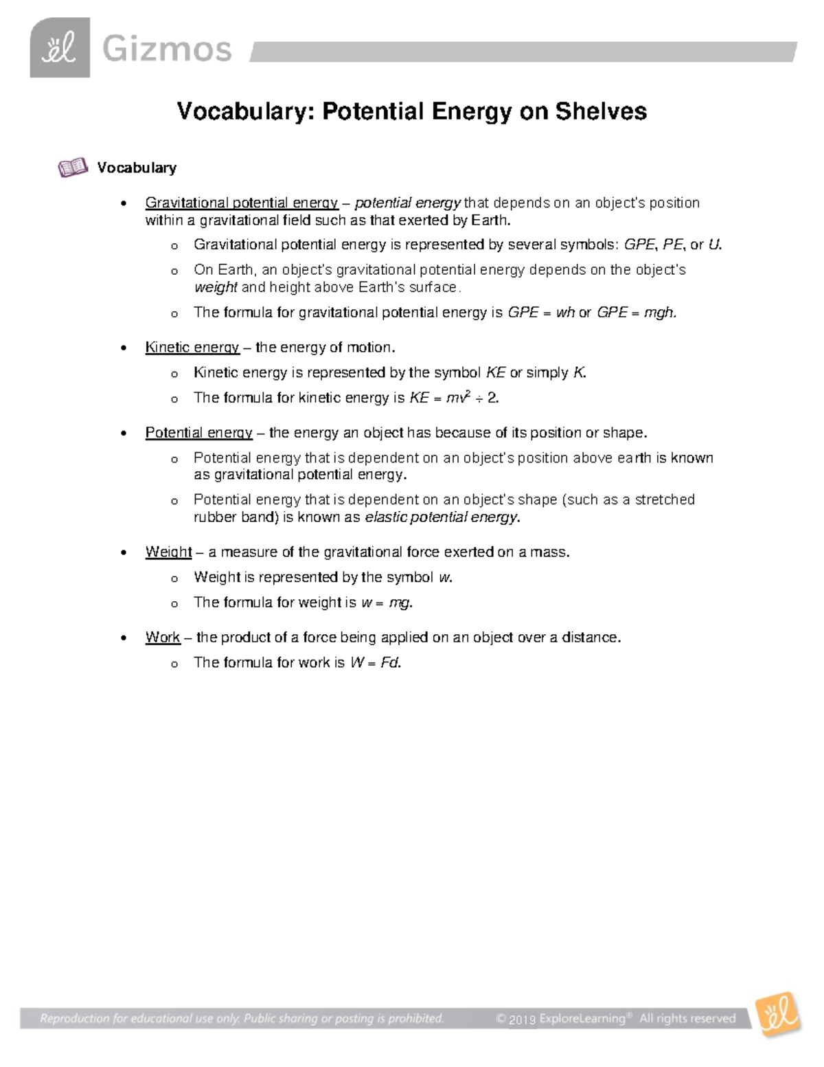 Potential Energy Shelves Vocab - 2019 Vocabulary: Potential Energy on ...