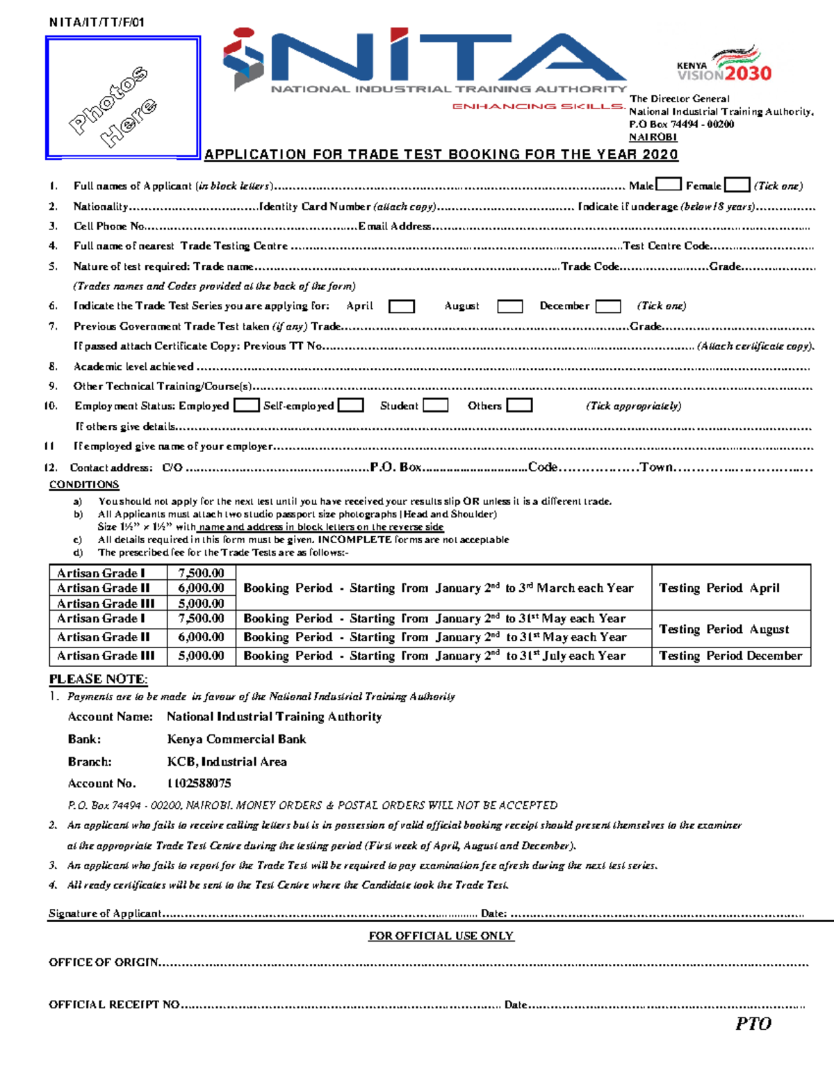 TT Booking form - 2020-2 - PTO NITA/IT/TT/F/ The Director General National Industrial Training ...