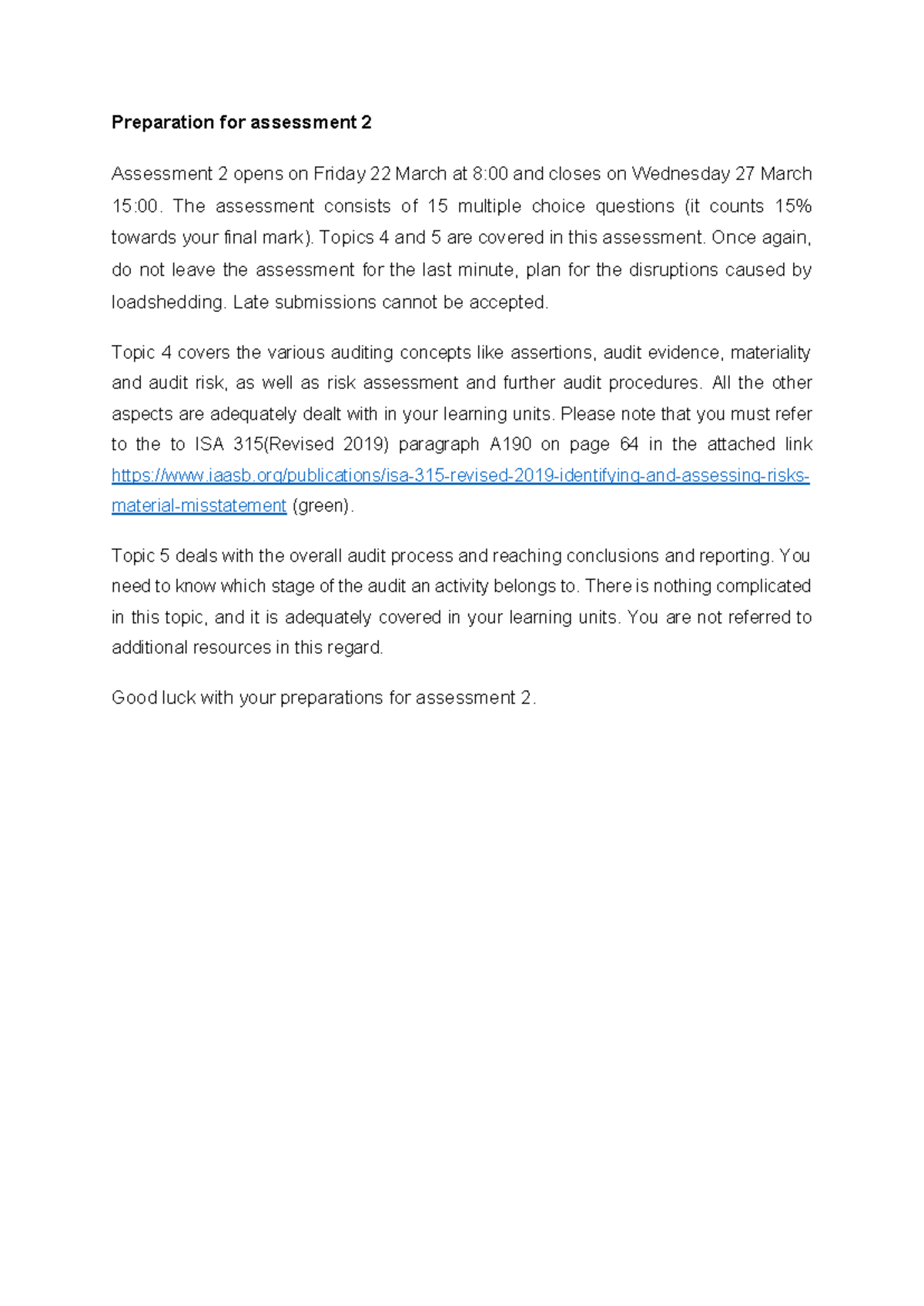 Guidance assessment 2 - Preparation for assessment 2 Assessment 2 opens ...