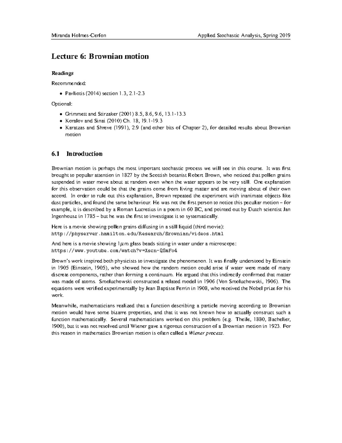 Handout Lecture 6 2019 - essential for references - Lecture 6: Brownian ...