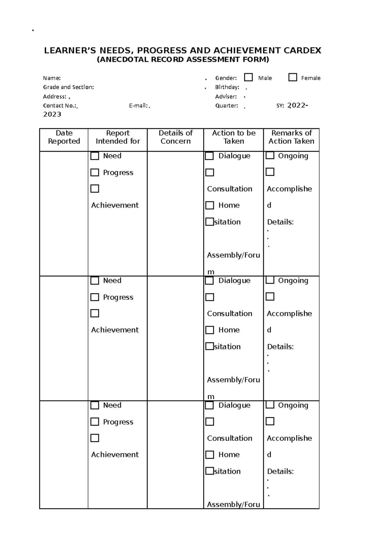 Anecdotal Record - 001 - LEARNER’S NEEDS, PROGRESS AND ACHIEVEMENT ...