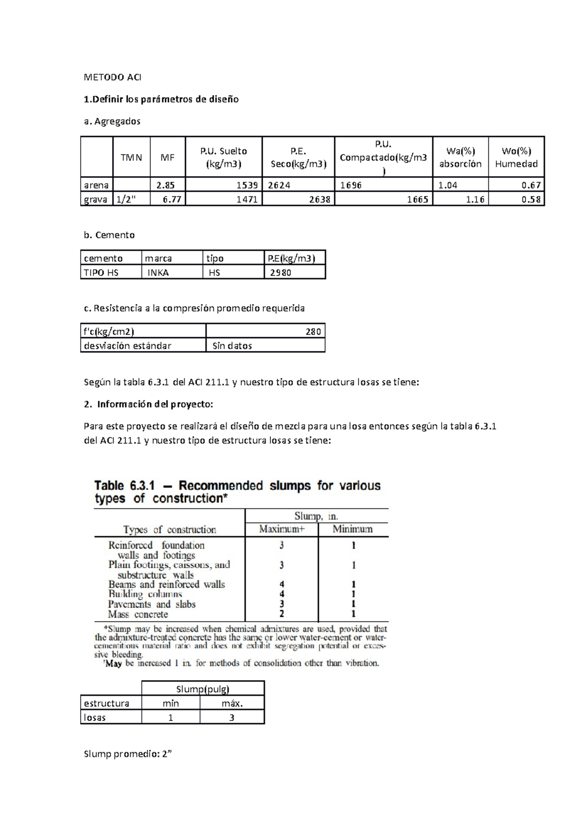Metodo ACI.informe final - METODO ACI 1 los parámetros de diseño a ...
