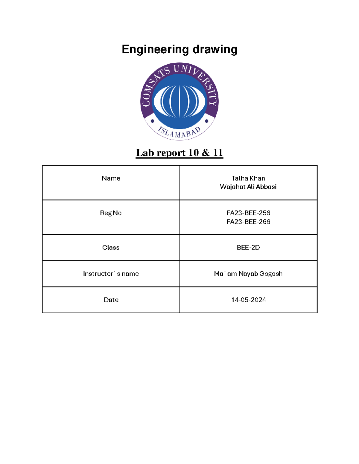 ED Lab Report 10 & 11 - Engineering Drawing - Engineering drawing Lab report 10 & 11 Name Talha ...
