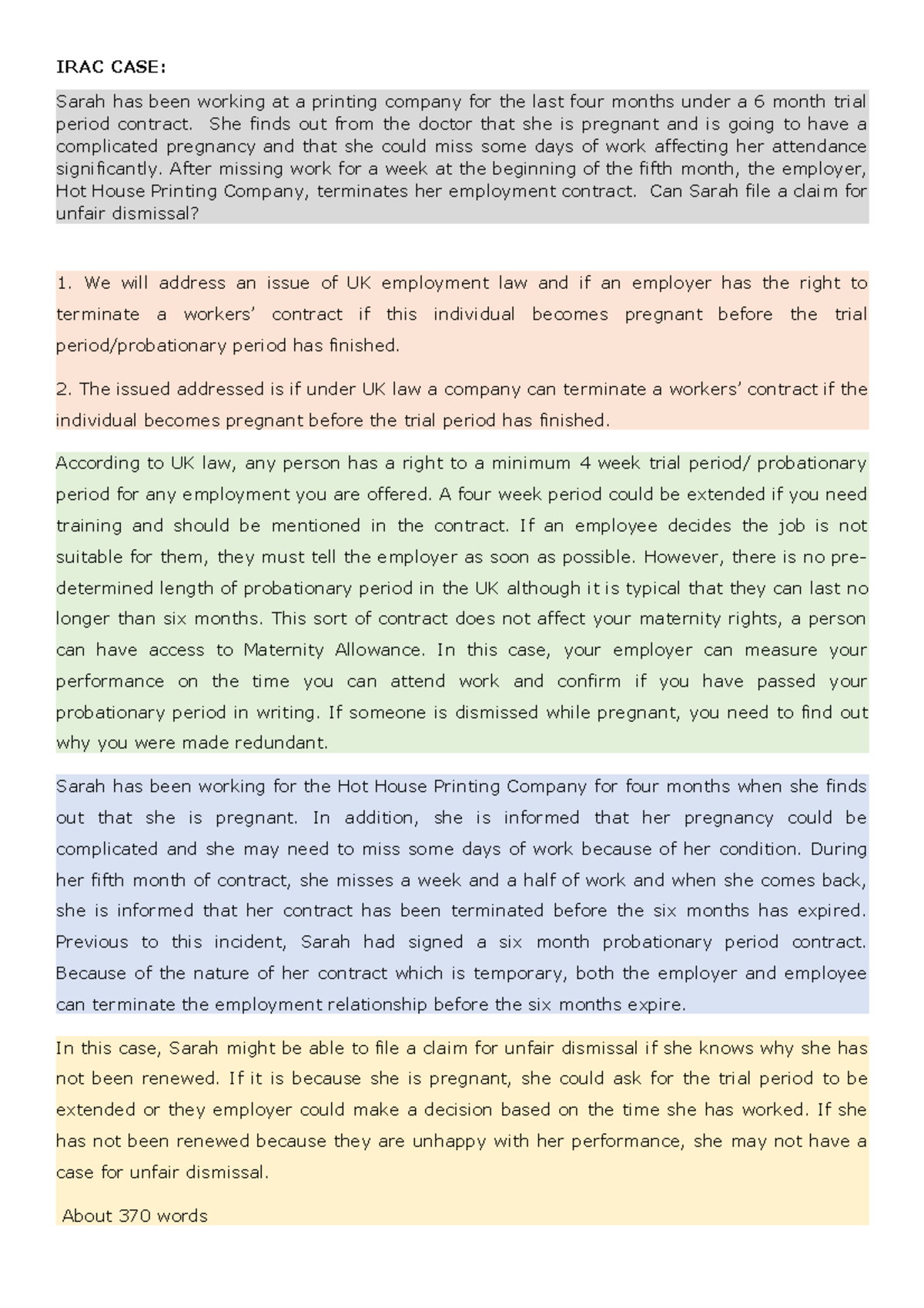 Irac case writing example - IRAC CASE: Sarah has been working at a ...