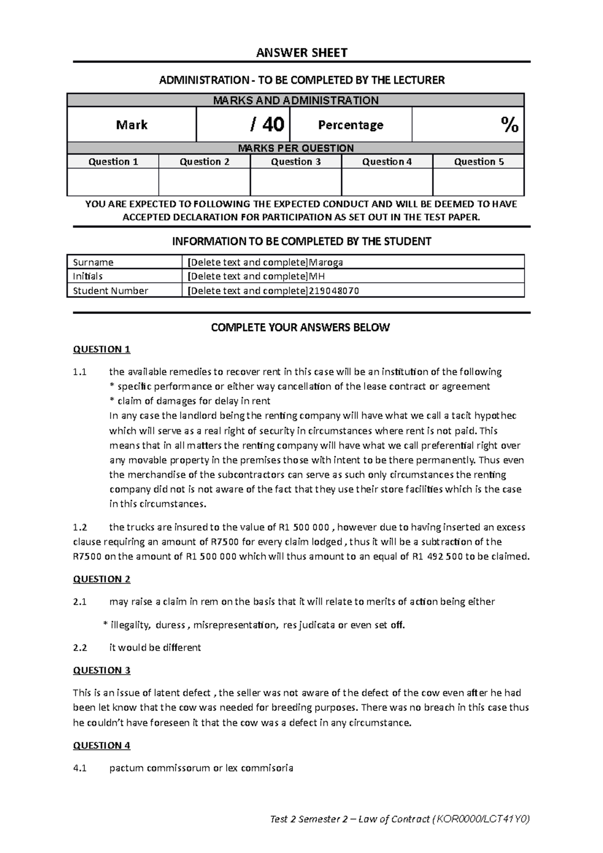 Answer Sheet (For Test of 12 October 2021) - ANSWER SHEET ...
