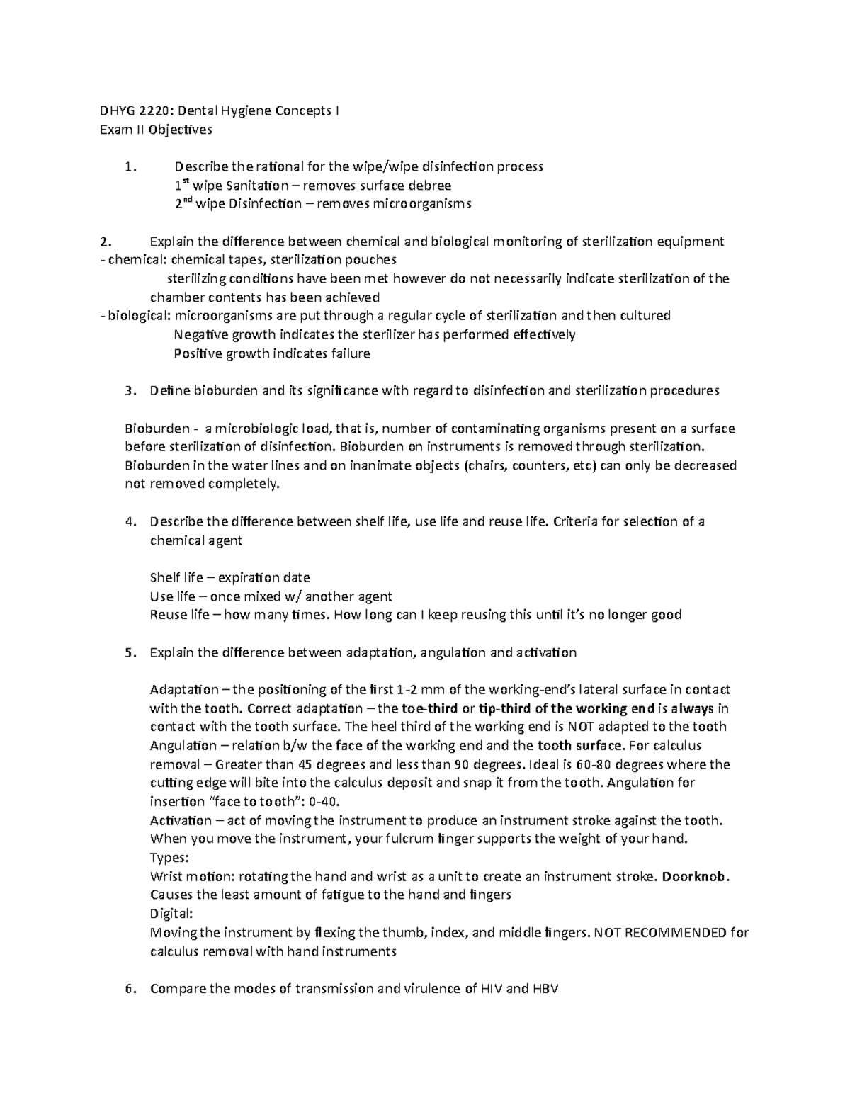 Concepts Objectives for DHYG 2220 Exam II - DHYG 2220: Dental Hygiene ...