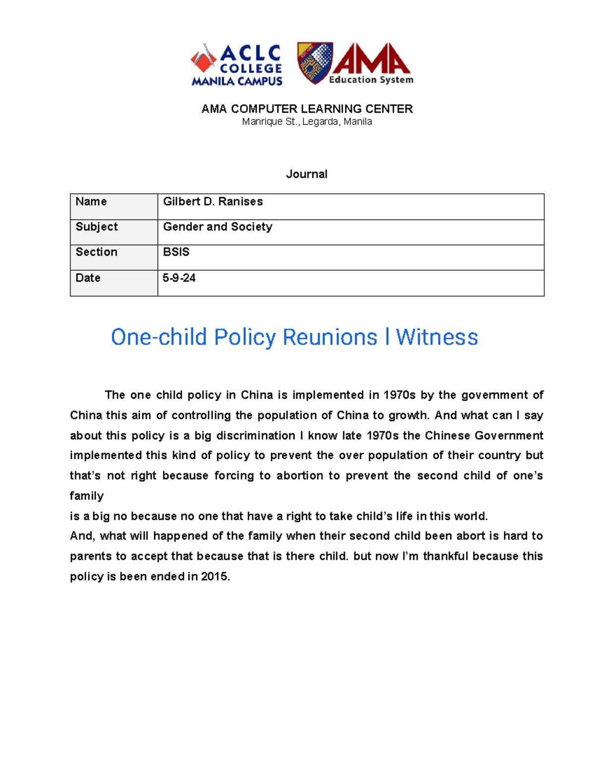 Journal 3 - AMA COMPUTER LEARNING CENTER Manrique St., Legarda, Manila ...