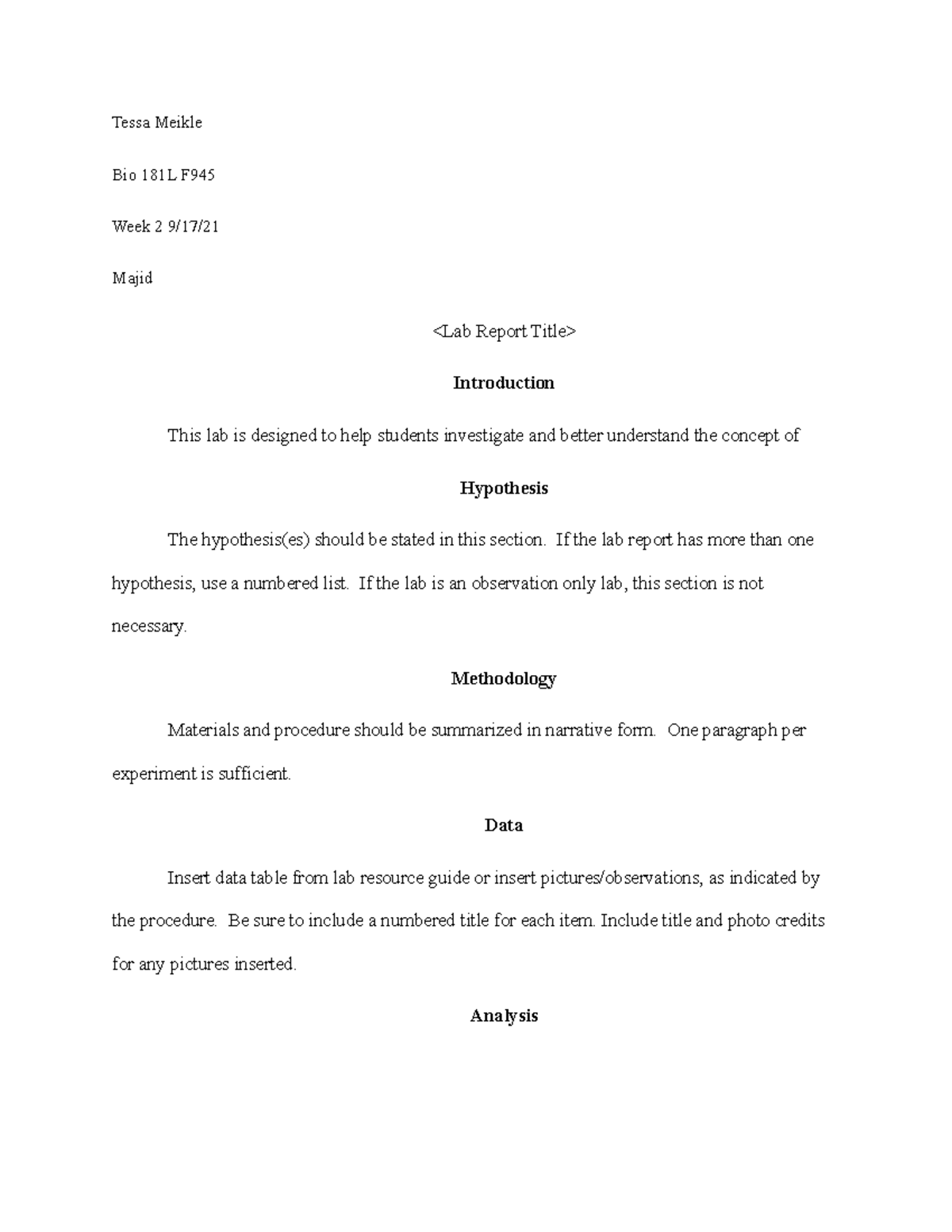 BIO 181 Lab Report Template F21 - Tessa Meikle Bio 181L F Week 2 9/17 ...