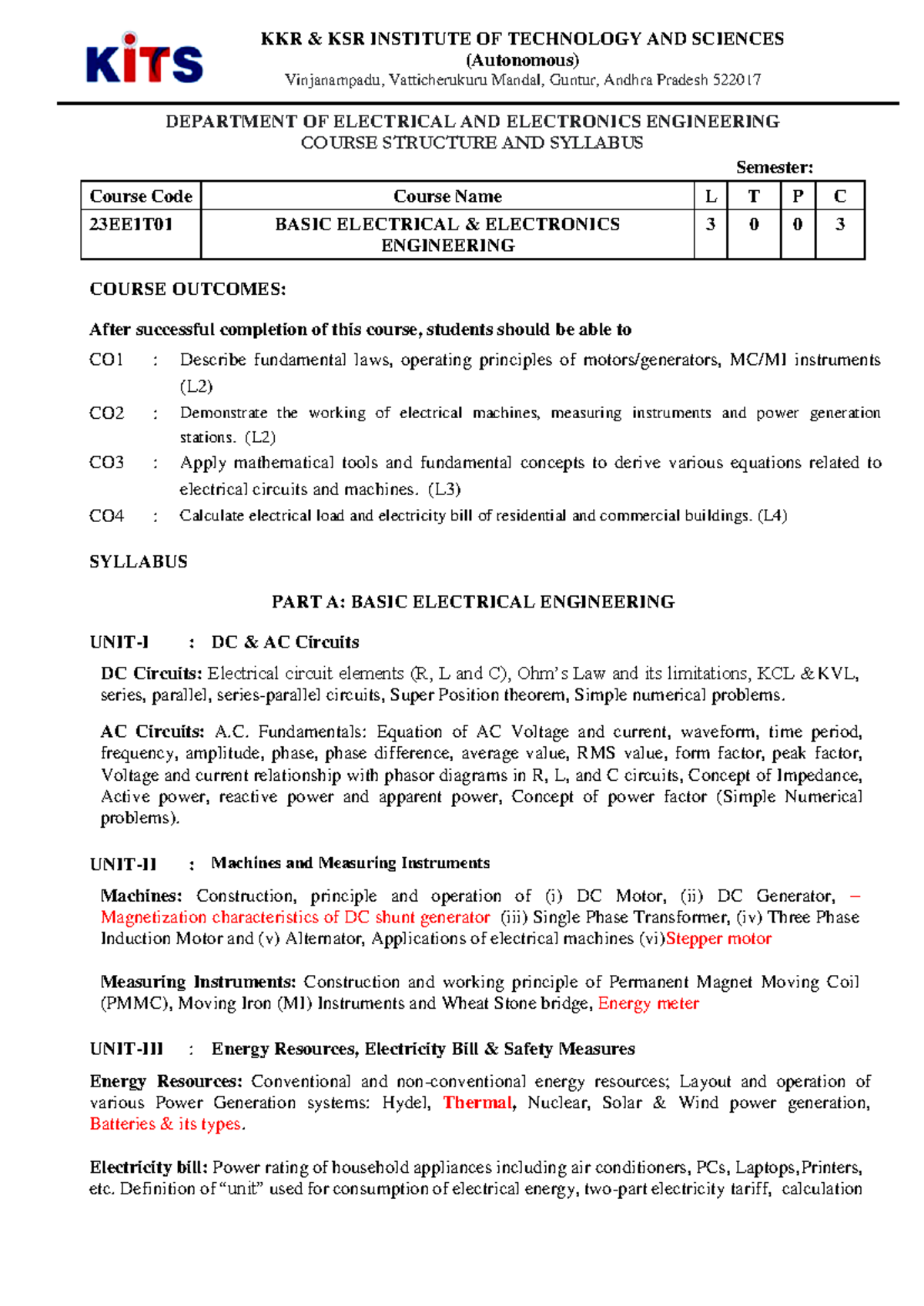 KITS I year EEE subjects & labs syllabus - (Autonomous) Vinjanampadu ...