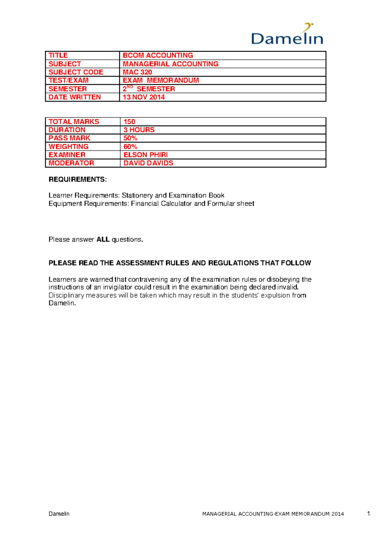 Managerial Accounting Exam Memo - TITLE BCOM ACCOUNTING SUBJECT MANAGERIAL ACCOUNTING SUBJECT ...