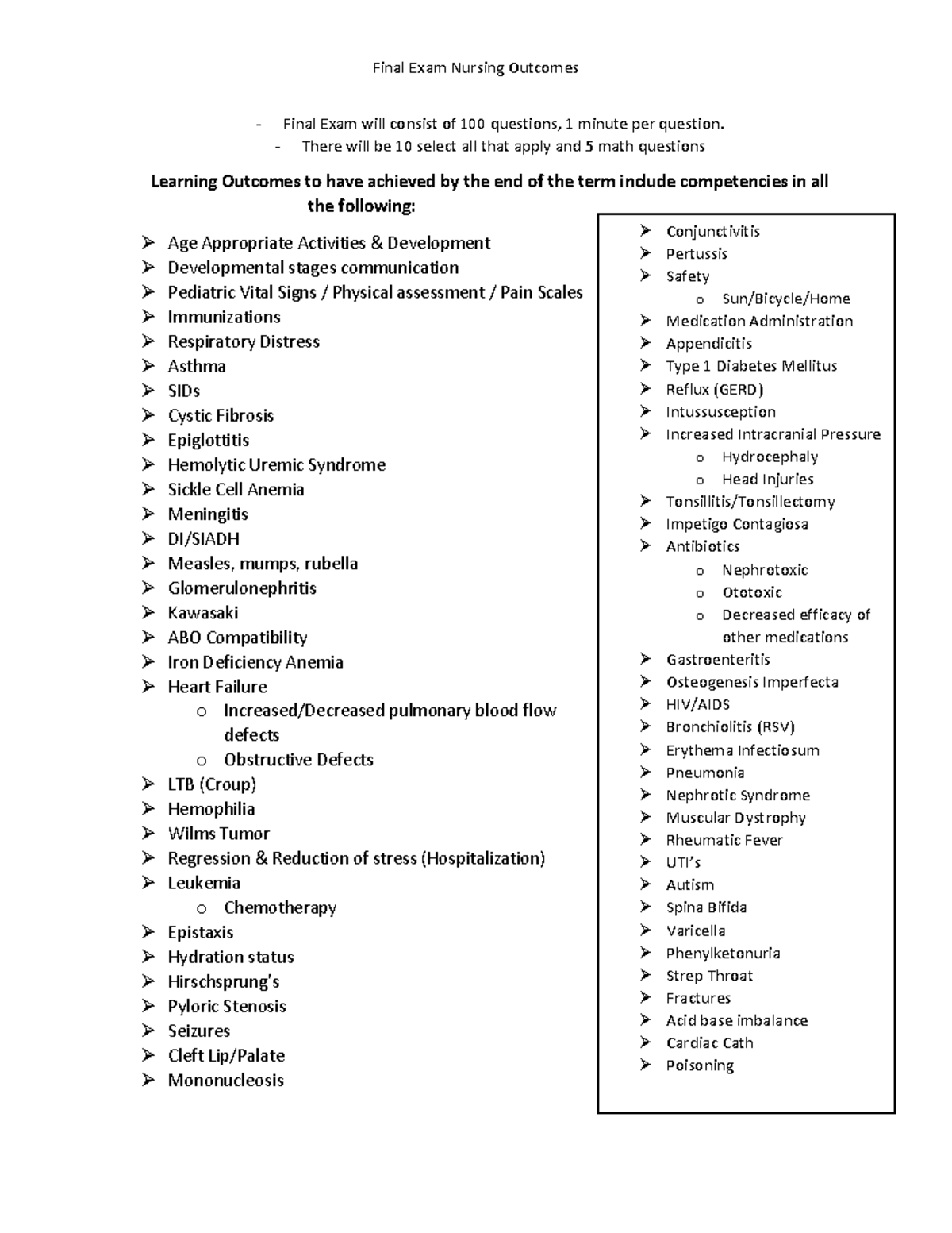 Learning Outcomes Pediatrics - Final Exam Nursing Outcomes Final Exam ...