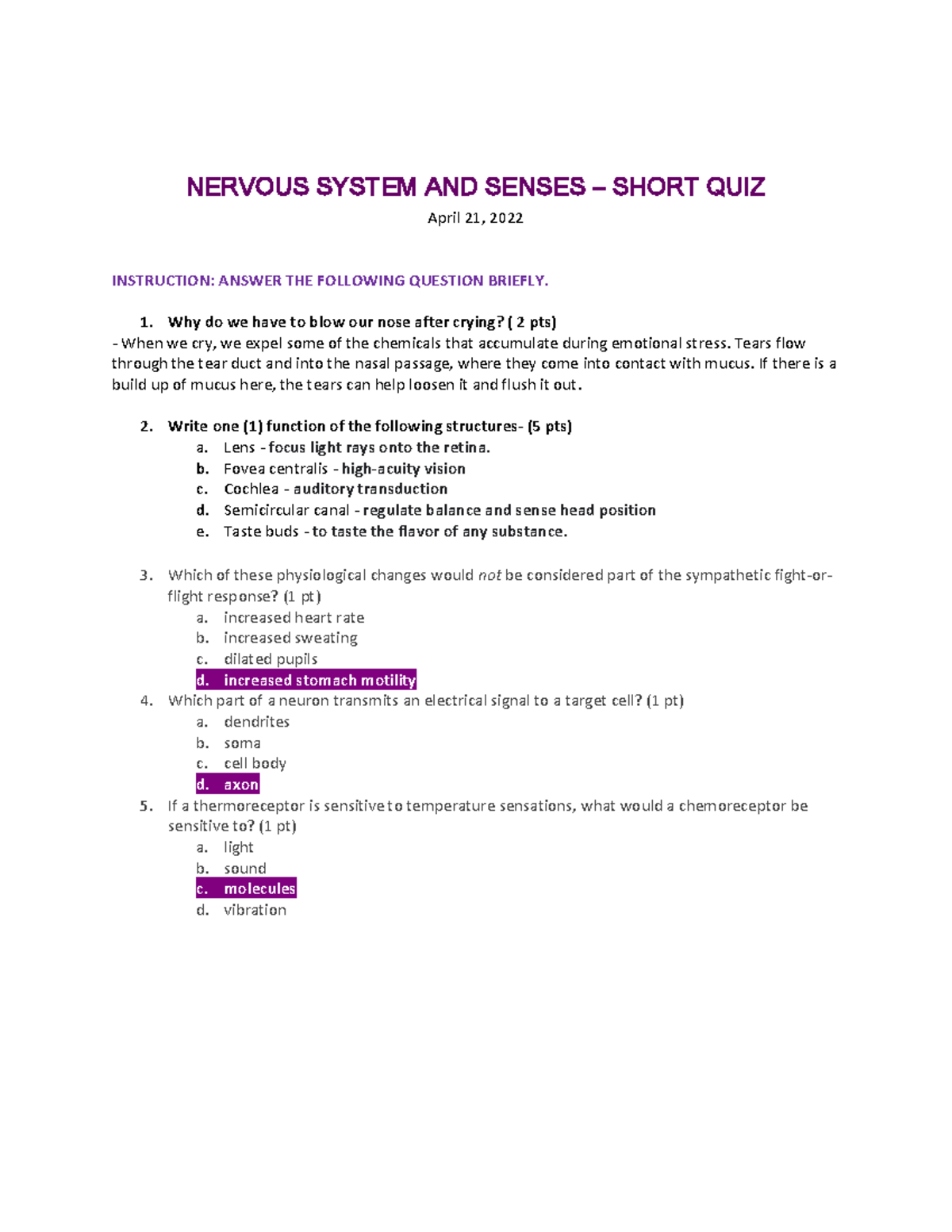 Nervous System AND Senses - QUIZ - NERVOUS SYSTEM AND SENSES – SHORT ...