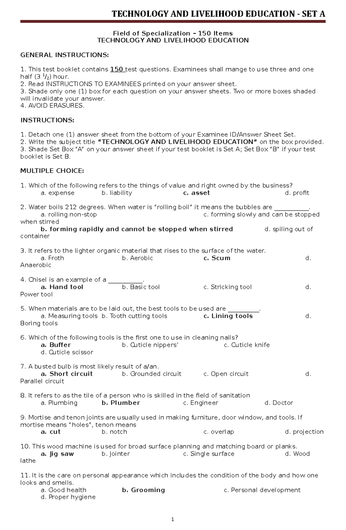TLE EXAM - SET A-answer-key - Field of Specialization – 150 Items ...