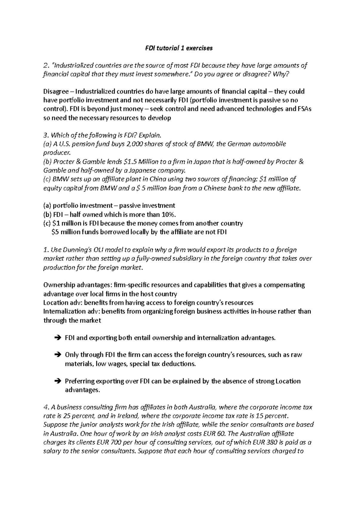 FDI tutorial 1 exercises - FDI tutorial 1 exercises “Industrialized countries are the source of ...