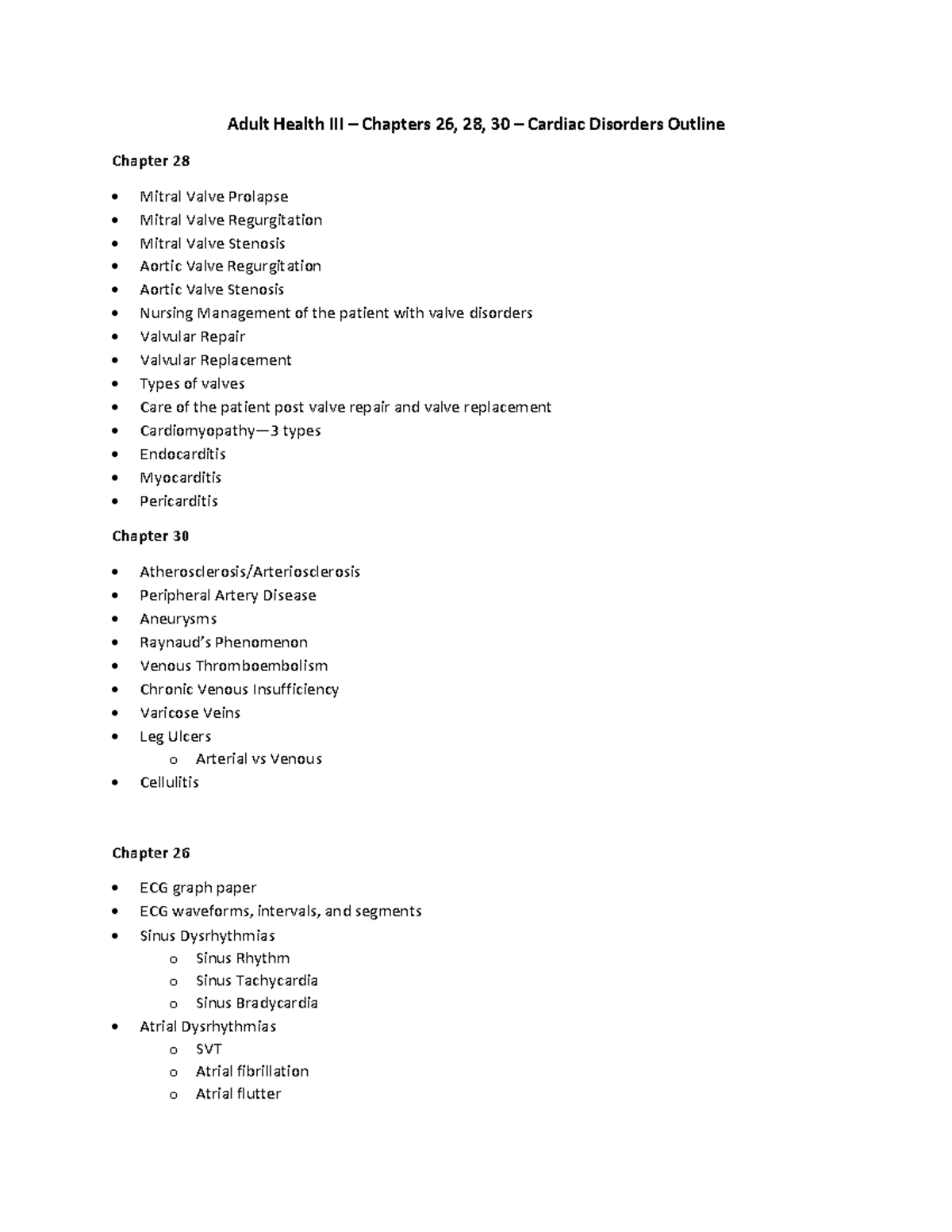 AH3 Cardiac Outline - Adult Health III – Chapters 26, 28, 30 – Cardiac ...