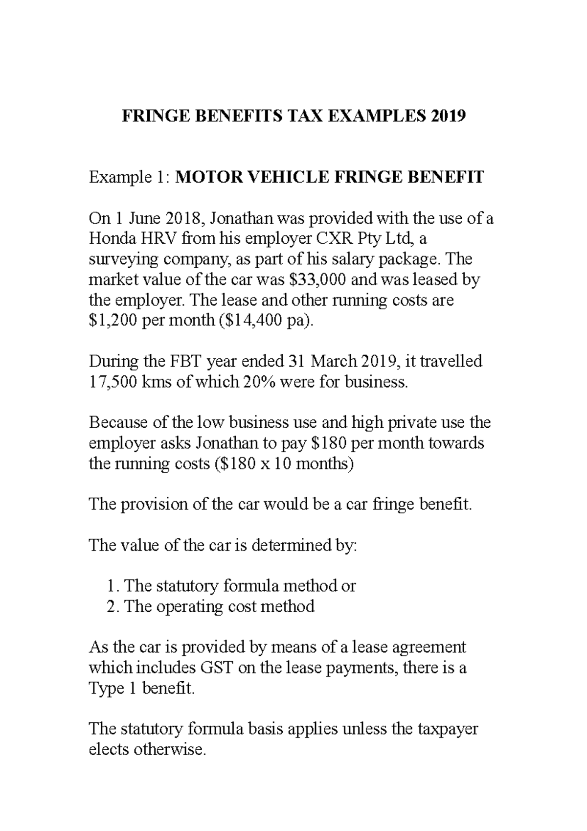 FBT Example 2019 - FRINGE BENEFITS TAX EXAMPLES 2019 Example 1: MOTOR ...