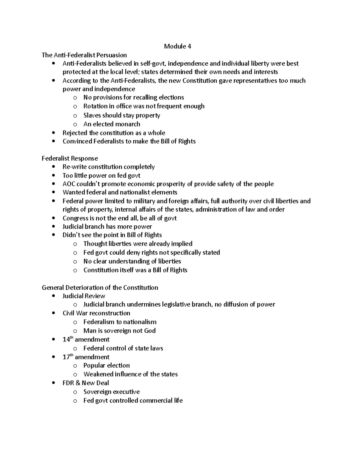 Mod 4 Sell Notes - Module 4 The Anti-Federalist Persuasion Anti ...