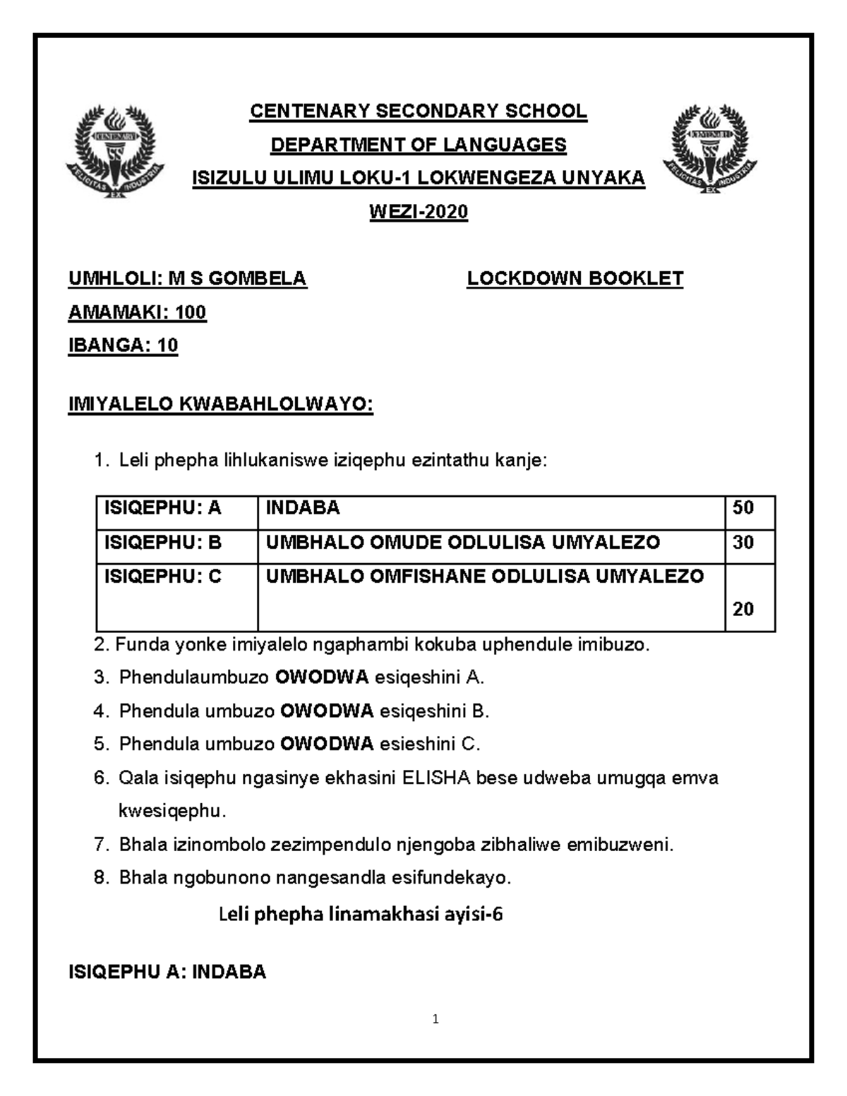 Isi Zulu-GRD10- Paper-3- Lockdown- Booklet - CENTENARY SECONDARY SCHOOL ...