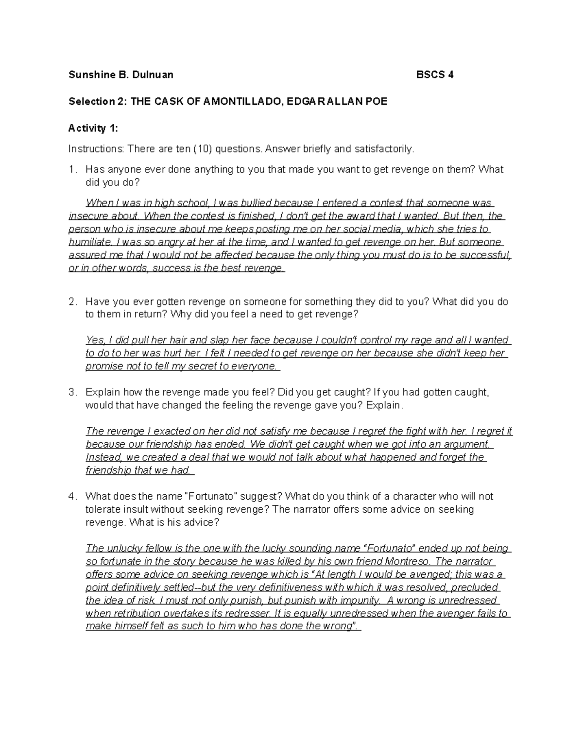 THE CASK OF Amontillado, Edgar Allan POE - Sunshine B. Dulnuan BSCS 4 ...