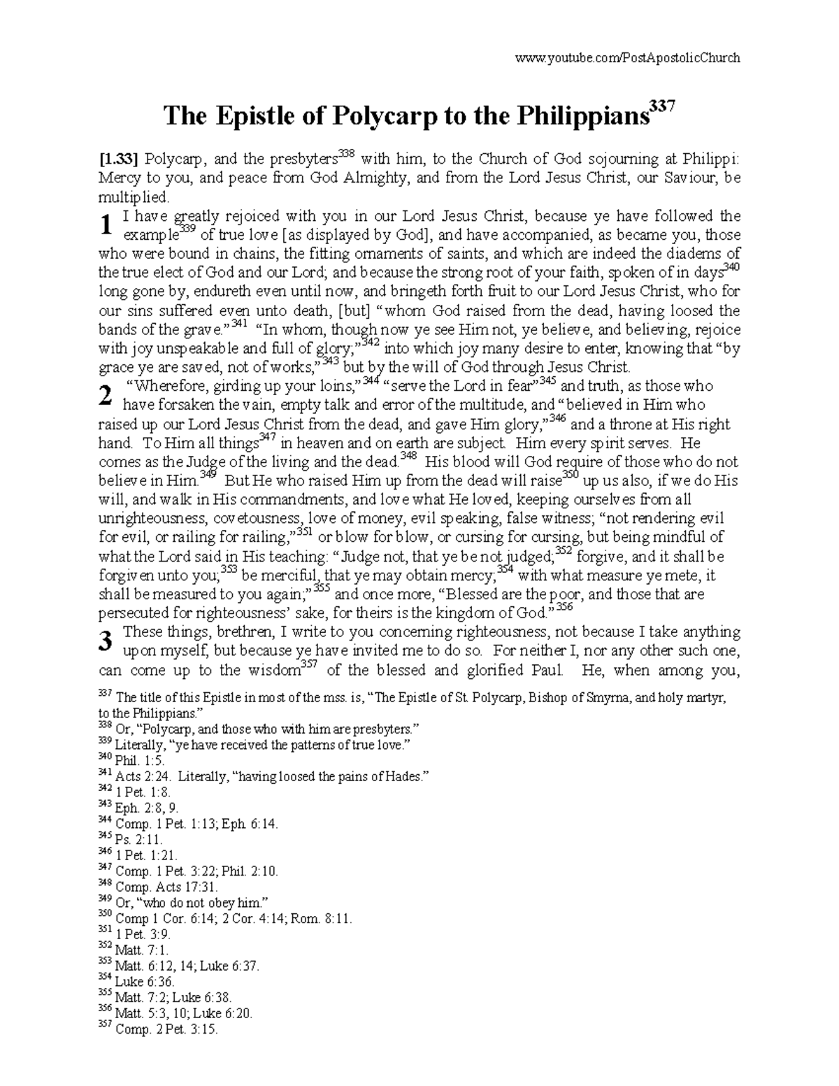 Letter of Polycarp to the Philippians - youtube/PostApostolicChurch 337 ...